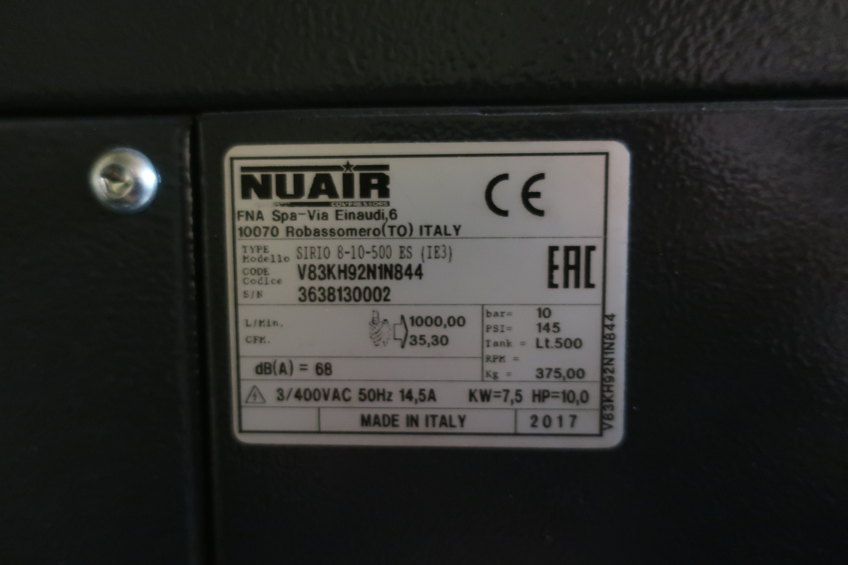 Screw compressor with dryer, NUAIR, Sirio 8-10-500 ES -2017 - PS Auction - We value the future ...