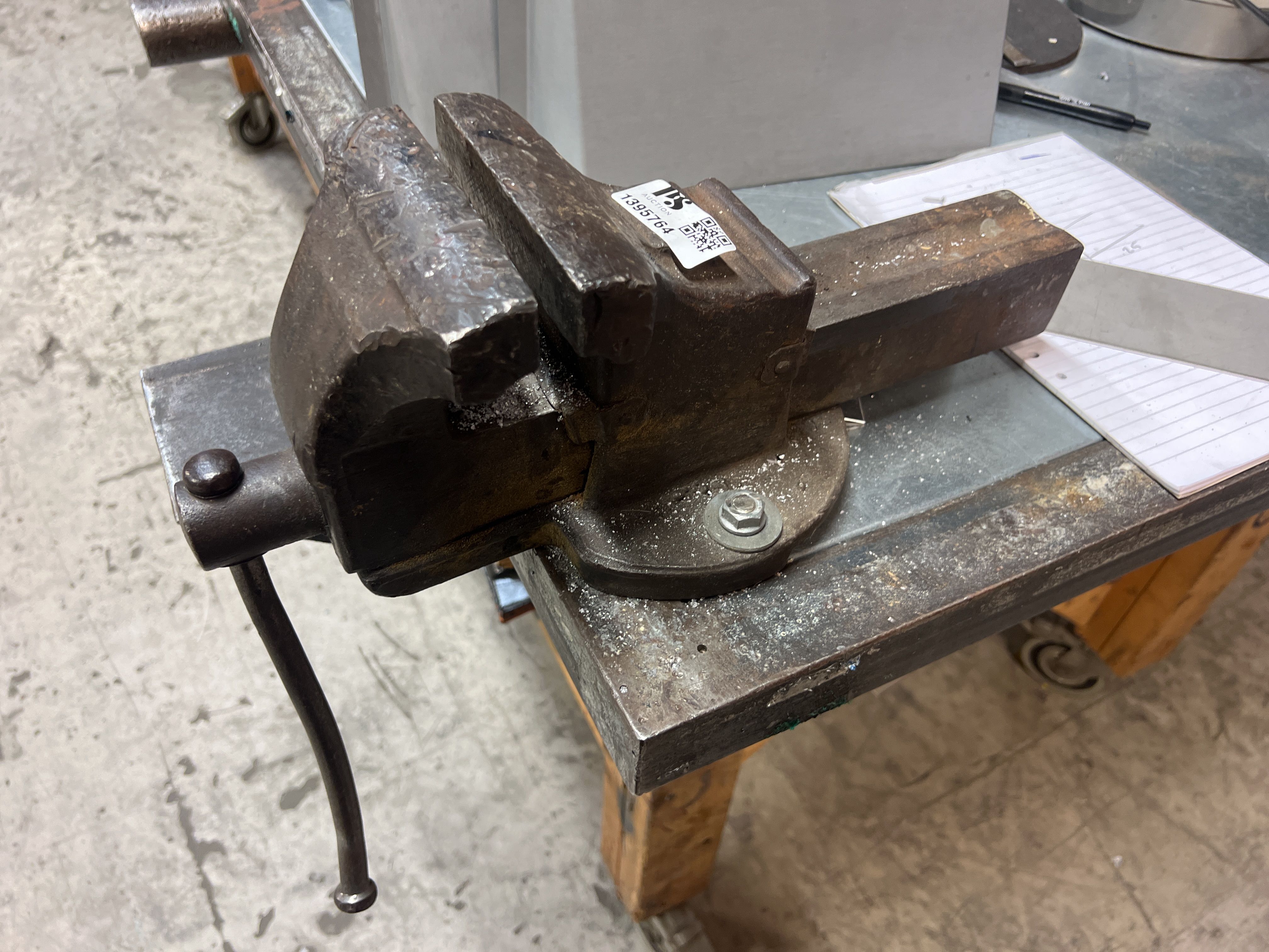 Sheet metal workbench on wheels with fixed vise and sheet metal work ...