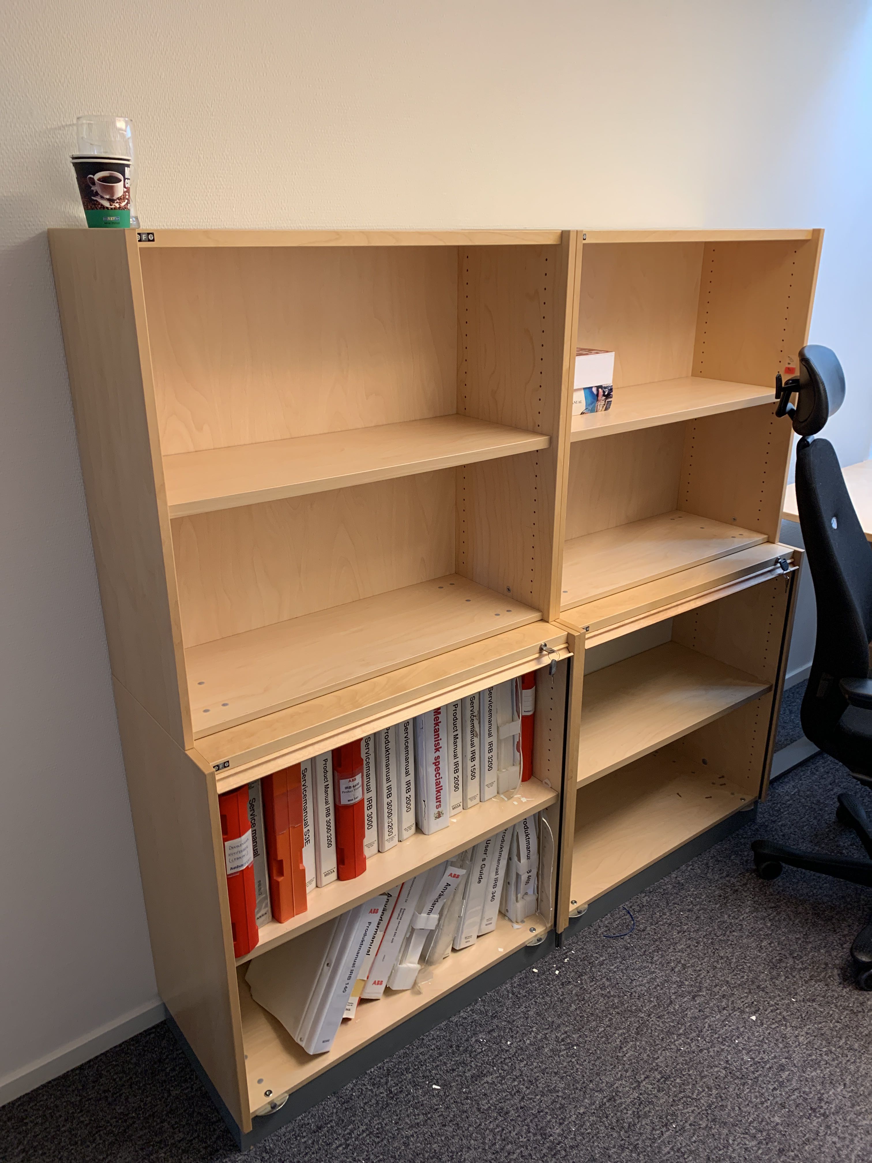 Office furniture: Electric raise/lower desk, office chair, bookshelves ...