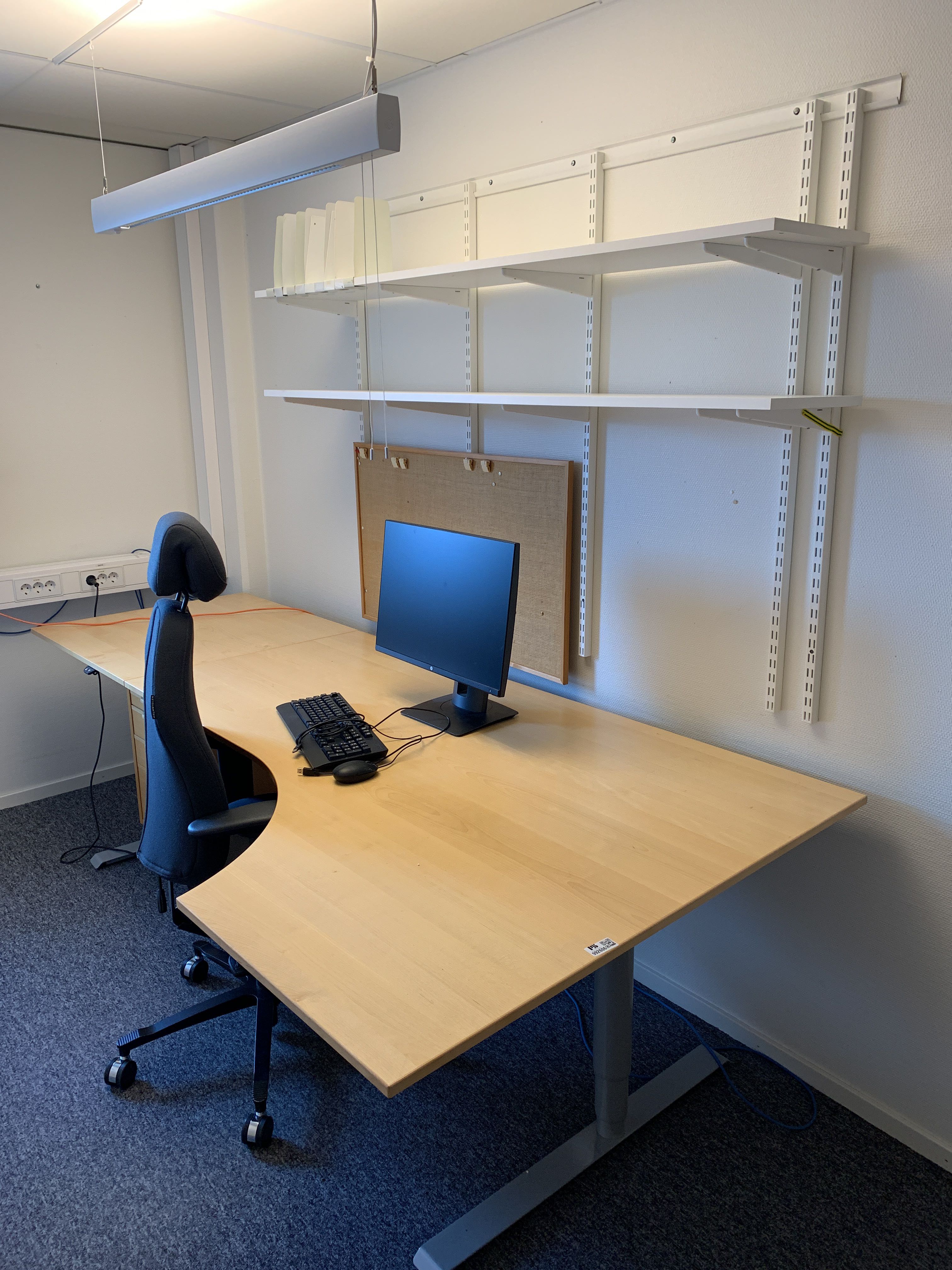 Office furniture: Electric raise/lower desk, wall shelves, computer ...