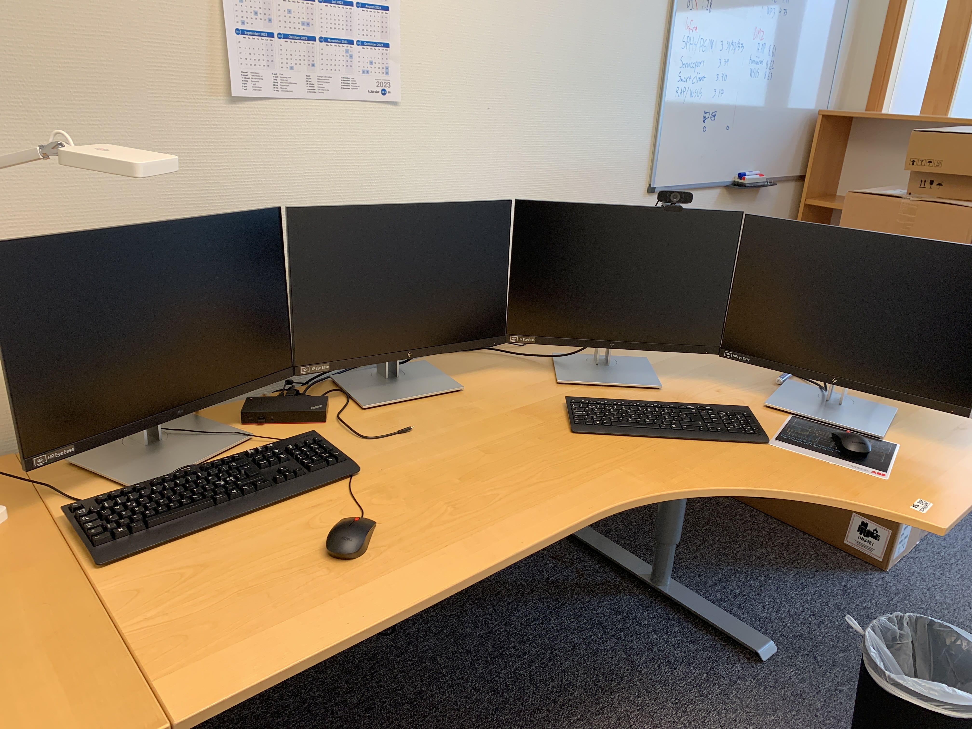 Office furniture: Electric raise/lower desk, 4 HP computer monitors ...