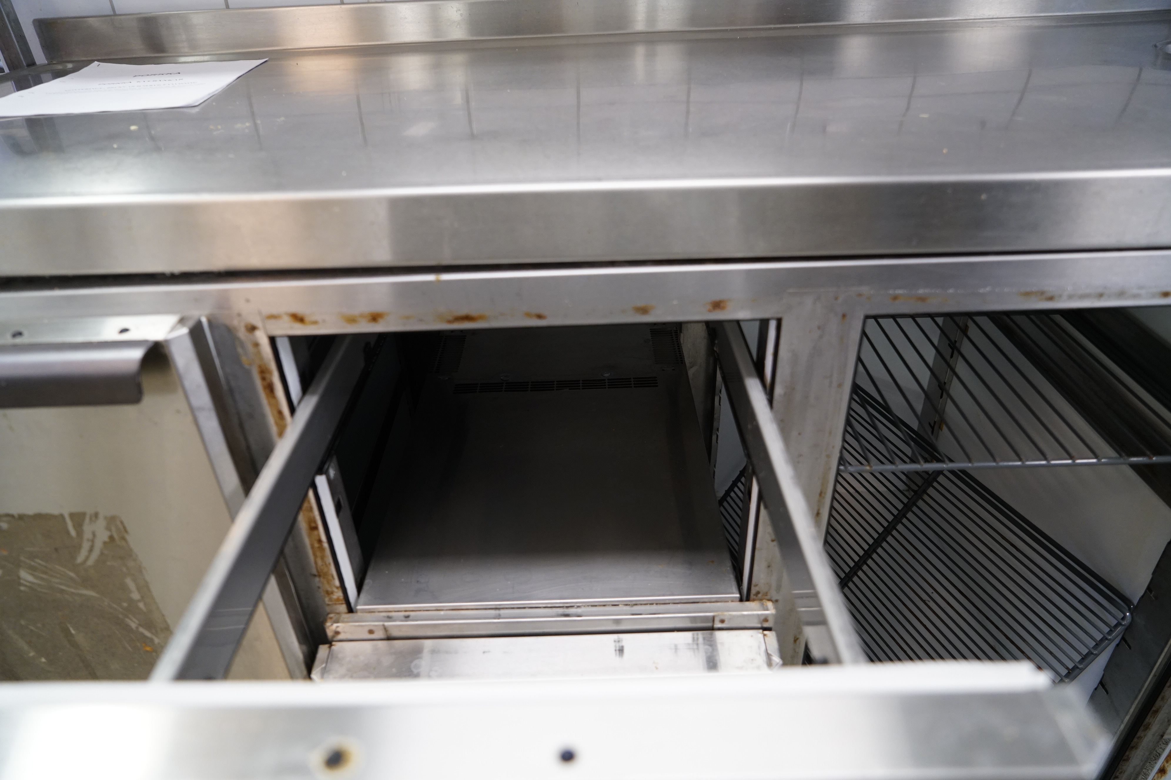 Stainless steel bench with hob and mixer, cooling bench and wall shelf ...