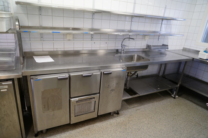 Stainless steel bench with hob and mixer, cooling bench and wall shelf ...