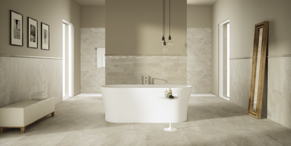 Parti för badrum - 45+35m² klinkers/ kakel, beige sten samt vit ...