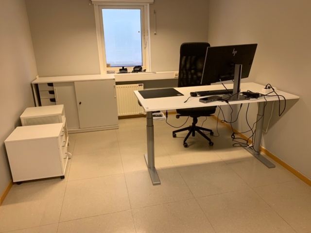 Electric raise/lower desk, office chair, roller shutters and cupboards ...