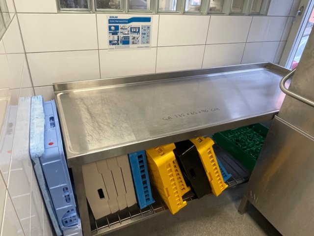 Dispensing bench, folded back/side edge, grid bottom shelf. About ...