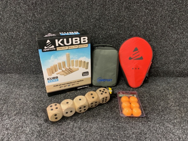 Cube, boule, ping pong rack, ping pong balls & yatzy with wooden dice ...