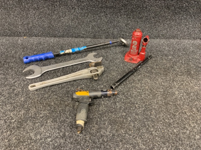 Pneumatic drill, Ridgid pipe wrench 14", wrench, magnet & jack 2 ton ...