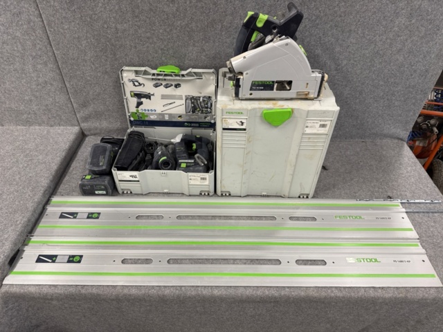 Plunge saw with guide rails and automatic screwdriver with accessories ...