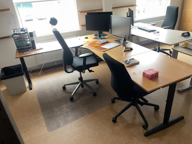 Angled desk, computer monitors, office chairs, shelf, drawer unit - PS ...