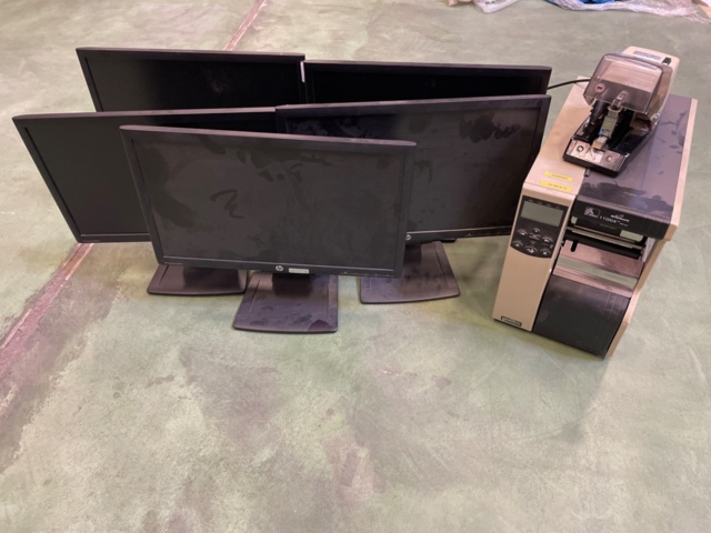 Collection of office supplies - 5 HP monitors, Zebra printer, stapler ...