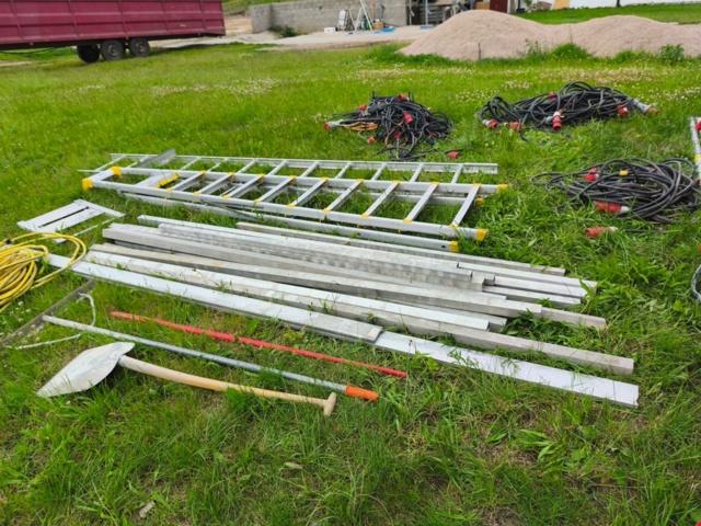 Construction equipment, 3 phase cables, straightedges, ladders, water ...