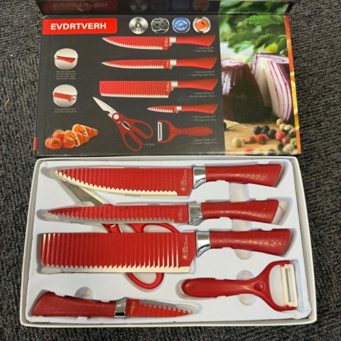 3 st Köksknivset 6 delar 3Cr13 stål Räfflade blad - Röd - Fri frakt ...